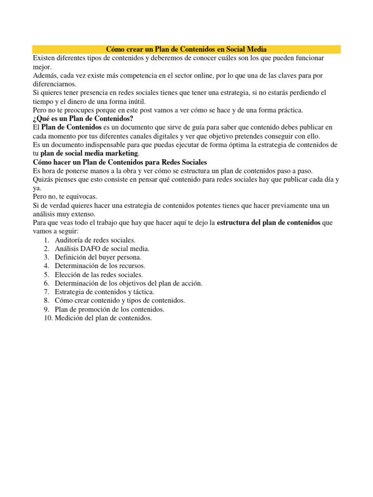 Plan de Contenidos en Social Media | PDF | Negocios