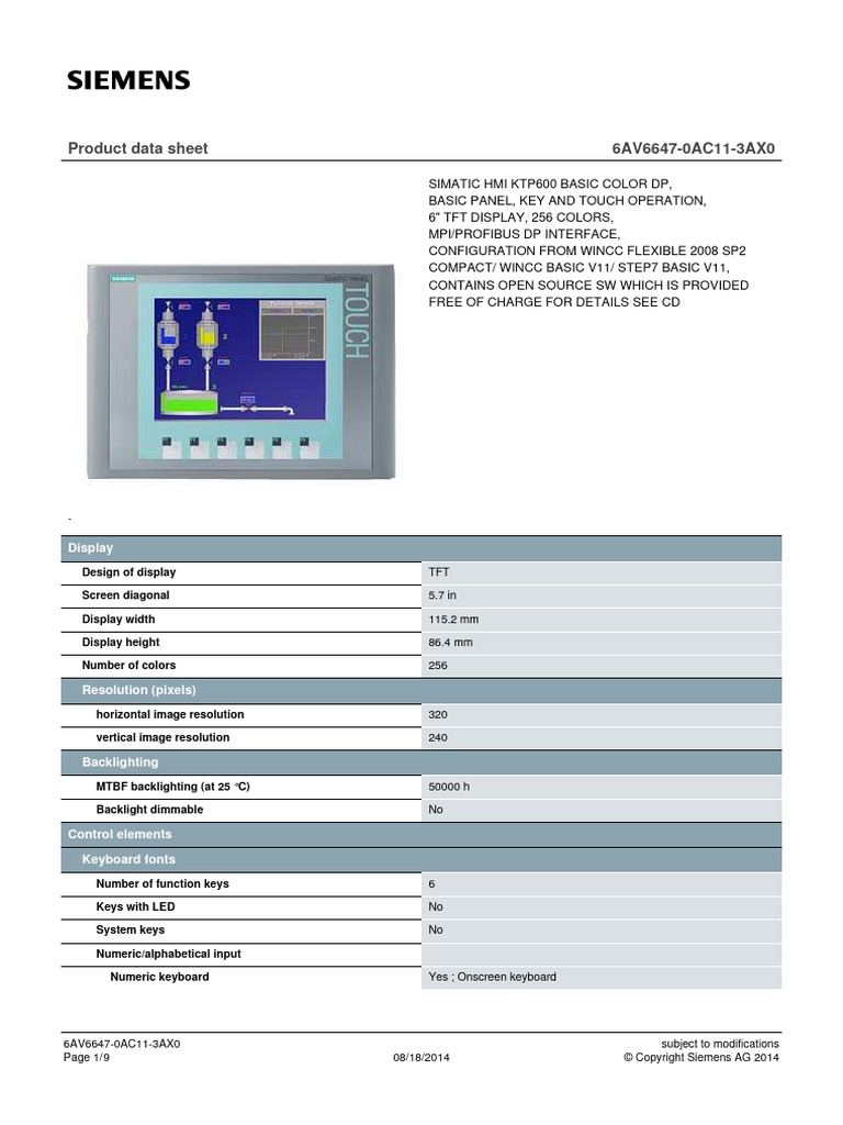 Product Data Sheet 6AV6647 0AC11 3AX0 | PDF | Computer Keyboard ...