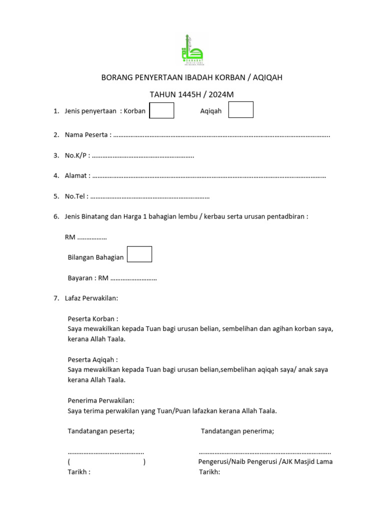 Borang Penyertaan Ibadah Korban 2024 Pdf