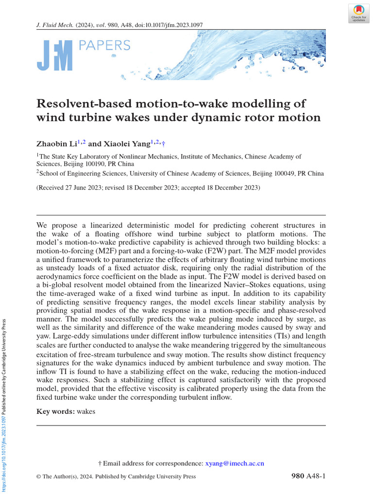 Resolvent Based Motion To Wake Modelling Of Wind Turbine Wakes Under Dynamic Rotor Motion Pdf