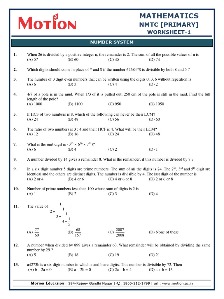 NMTC Primary Worksheet-1 Number System | PDF | Numbers | Mathematical Objects