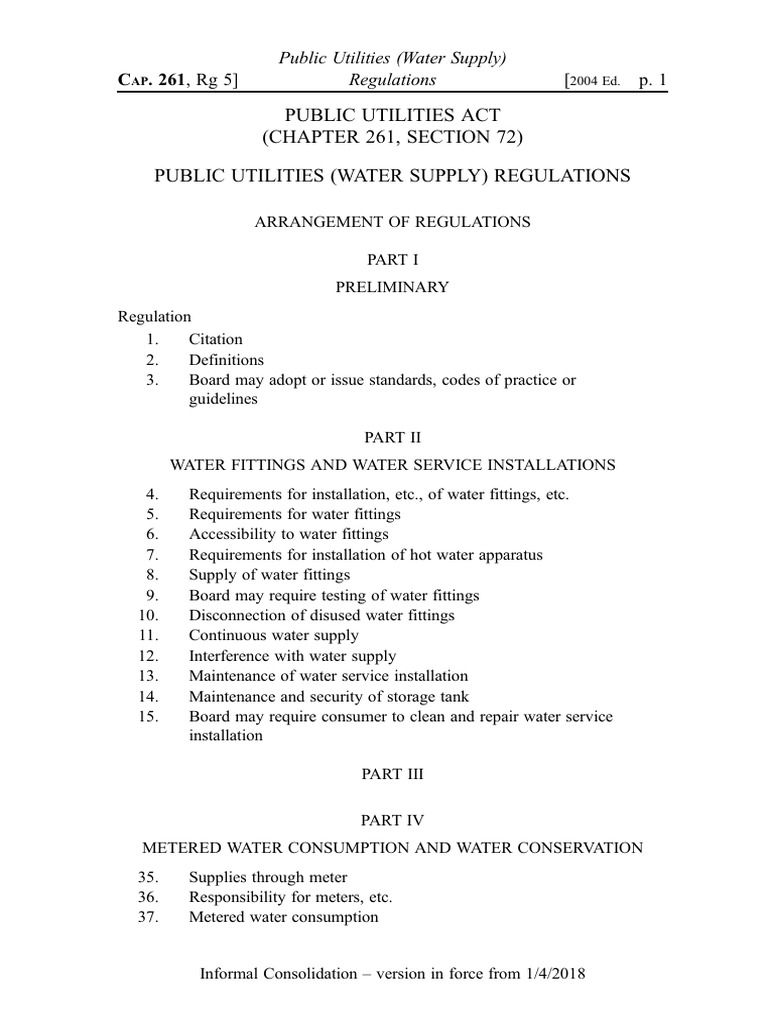 Public Utilities (Water Supply) Regulations | PDF | Water Supply | Pipe ...