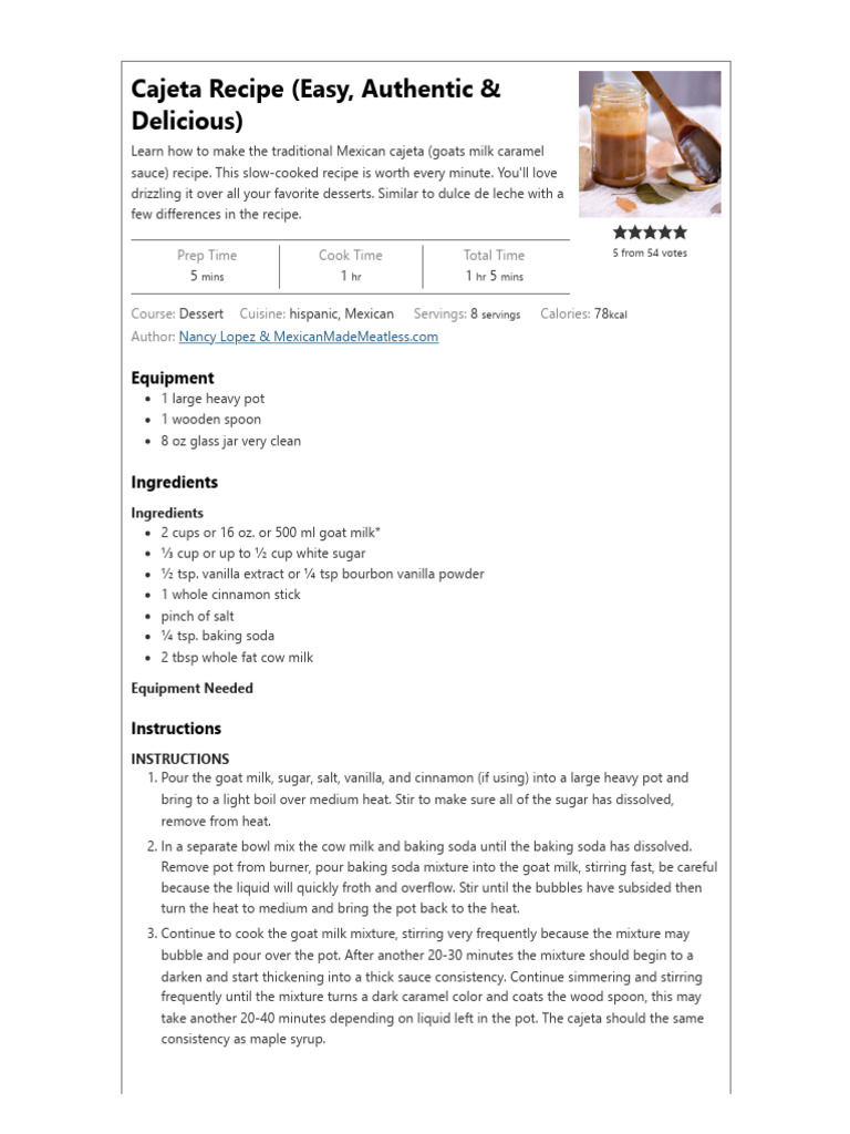 Cajeta Recipe (Easy, Authentic & Delicious) - Mexican Made Meatless™ | PDF | Fat | Milk