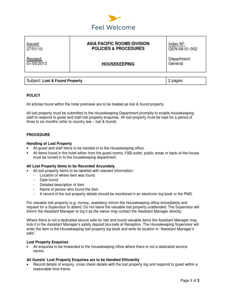 Lost & Found Policy for Hotels | PDF