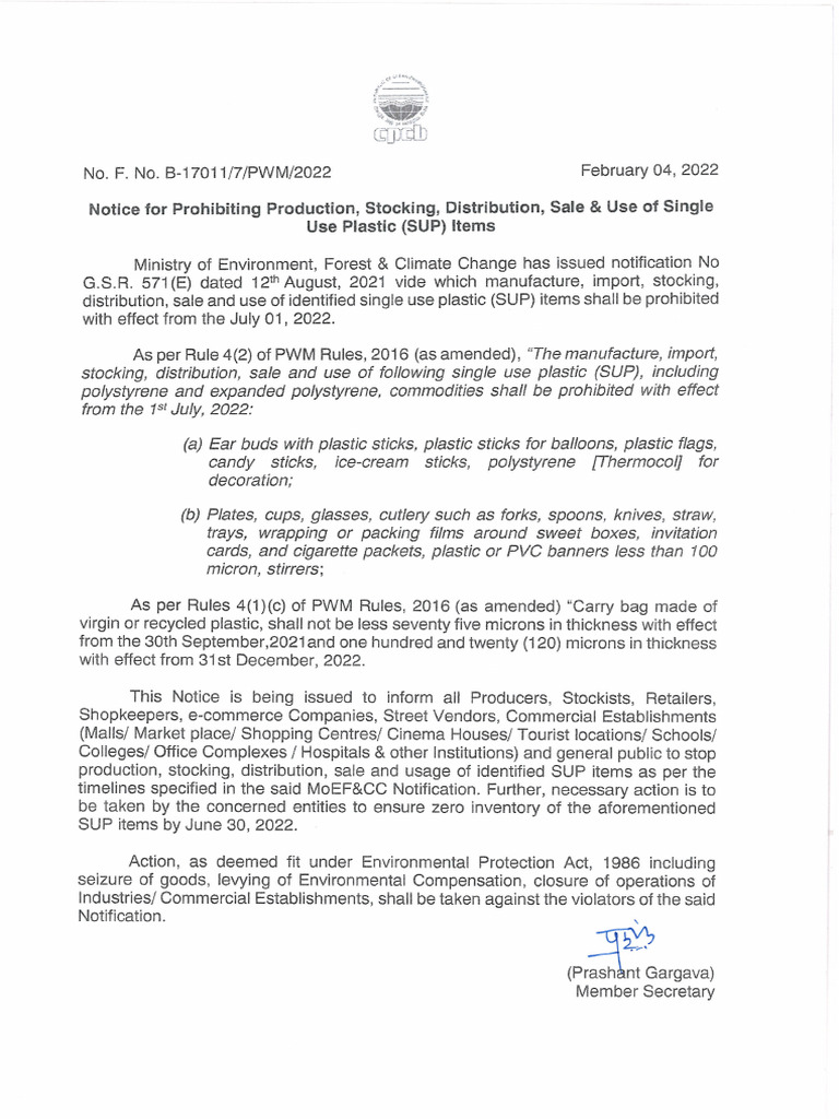 CPCB Notice of Single Use Plastic Ban in India 1 July 22 | PDF