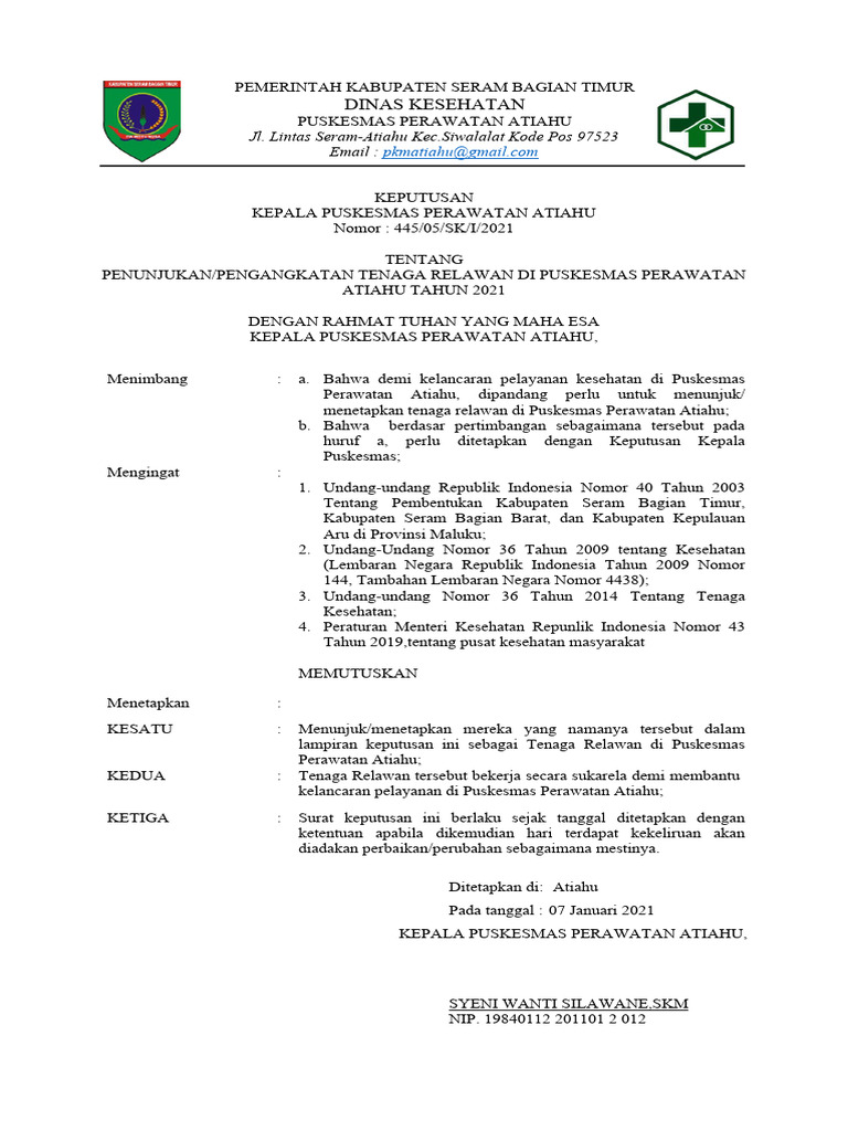 Penunjukan Tenaga Relawan Atiahu 2021 | PDF