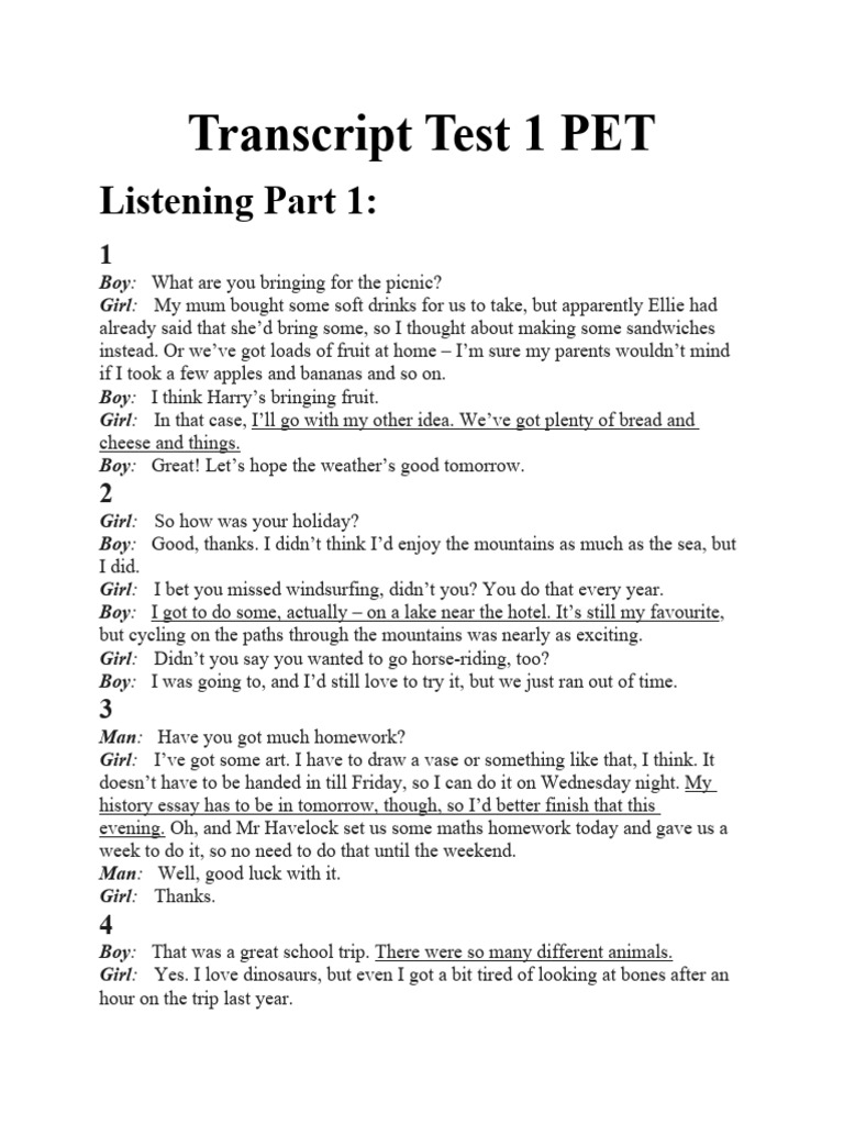 Transcript Listening 1 Pet | PDF