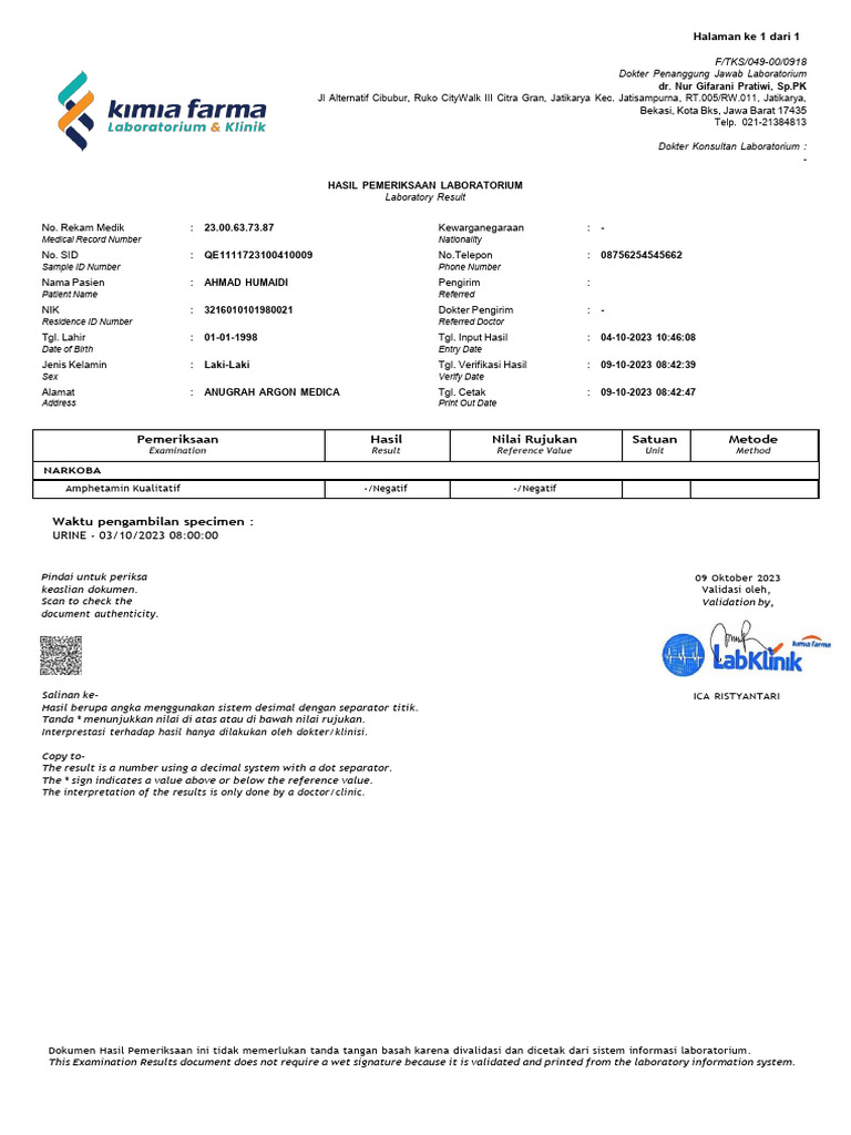 Hasil Tes Igra Ahmad Humaidi Negatif | PDF