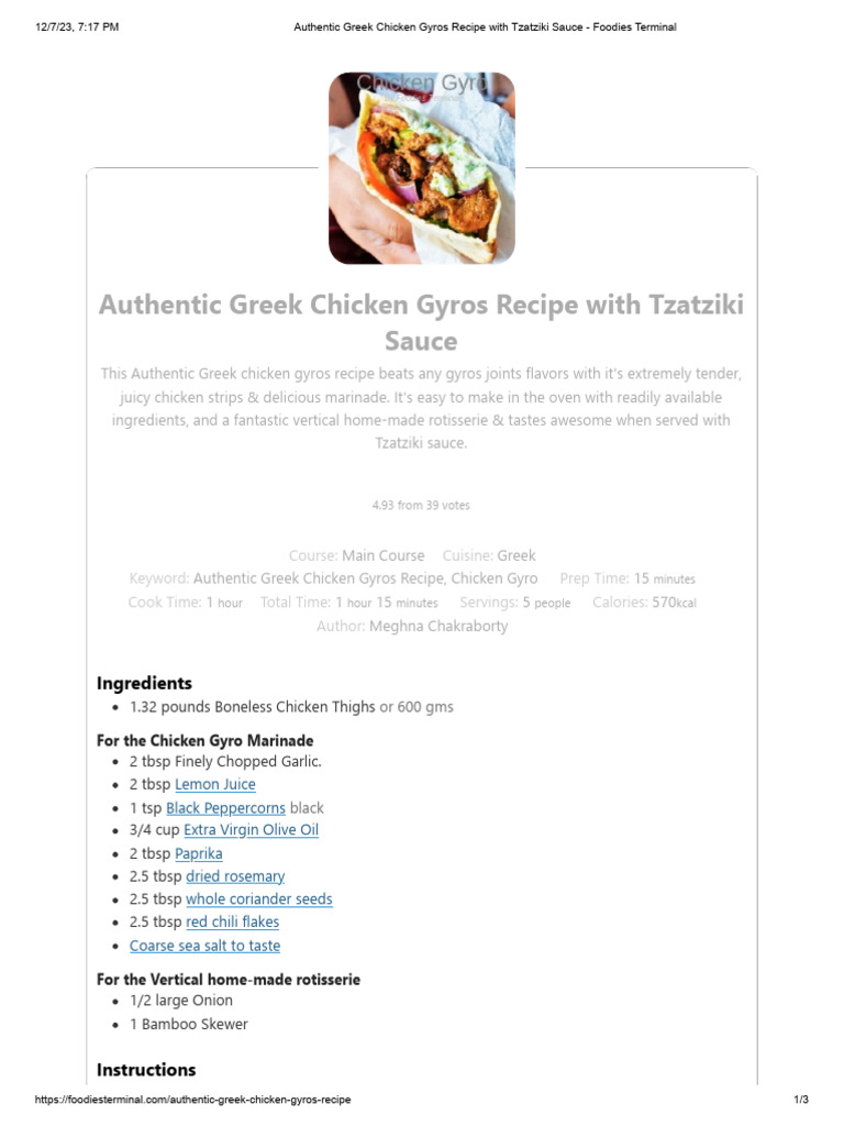 Authentic Greek Chicken Gyros Recipe with Tzatziki Sauce - Foodies Terminal | PDF | Asian ...