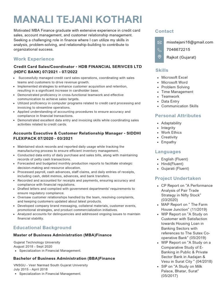 Manali Resume | PDF | Credit Card | Banks