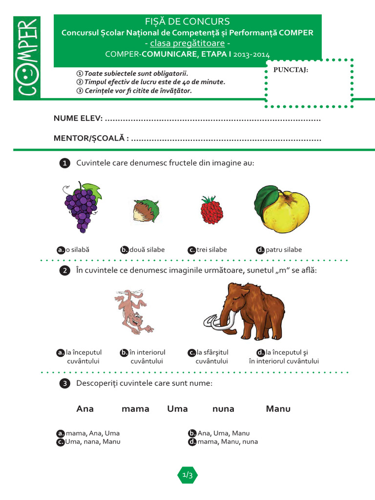 Subiect Si Barem LimbaRomana EtapaI Clasa0 13-14-1-3 | PDF | Foreign ...