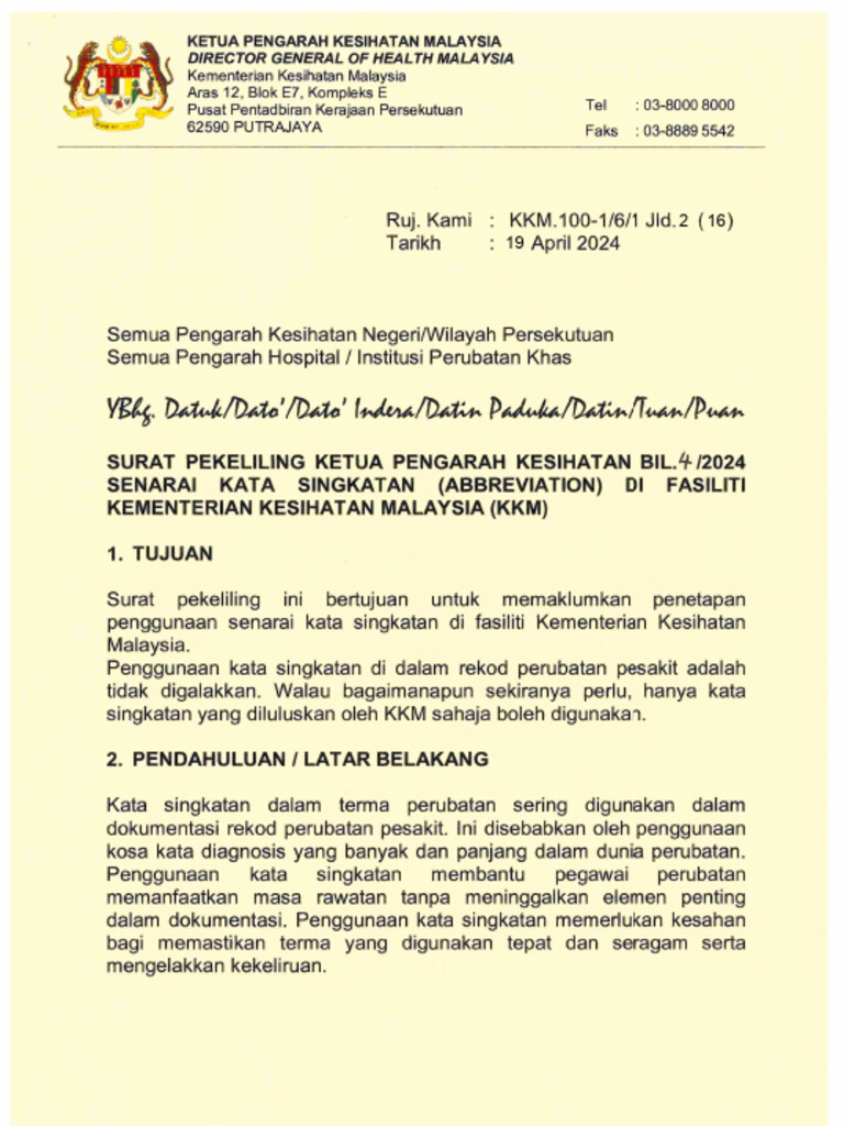 Surat Pekeliling KPK Bil. 4 - 2024 Senarai Kata Singkatan (Abbreviation) Di Fasiliti KKM | PDF ...