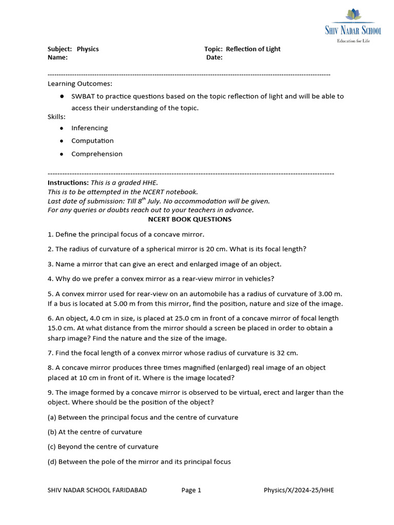 Grade 10 Physics Summer HHE 2024-25 | PDF | Mirror | Optics