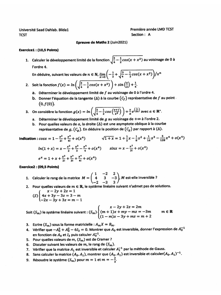 Examen Maths2 2021 Section A | PDF