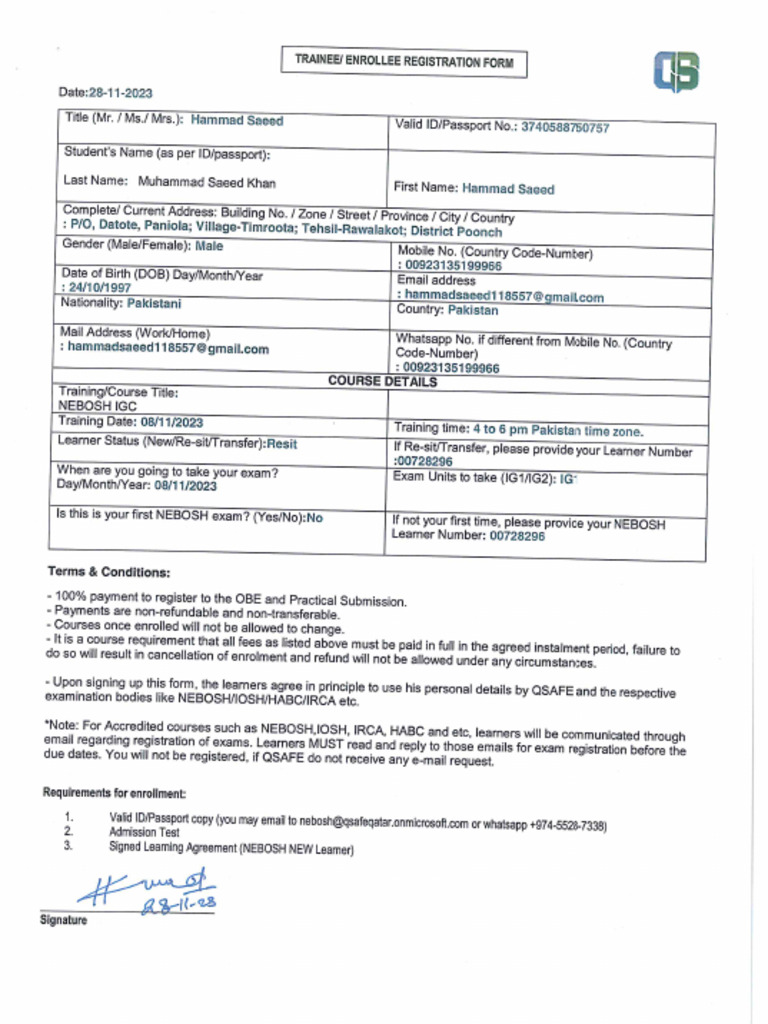 NEBOSH - QSAFE Registration Form - 2023 Hammad Saeed | PDF