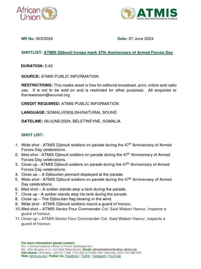NEWS ARTICLE and SHOT LIST - ATMIS Djibouti Troops Mark 47th Anniversary of Armed Forces Day ...