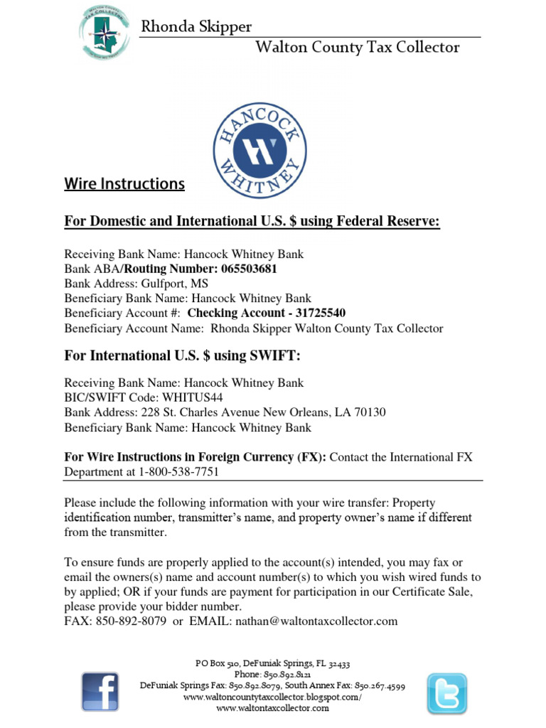 Wire Instructions Hancock Whitney Bank | PDF | Finance & Money ...