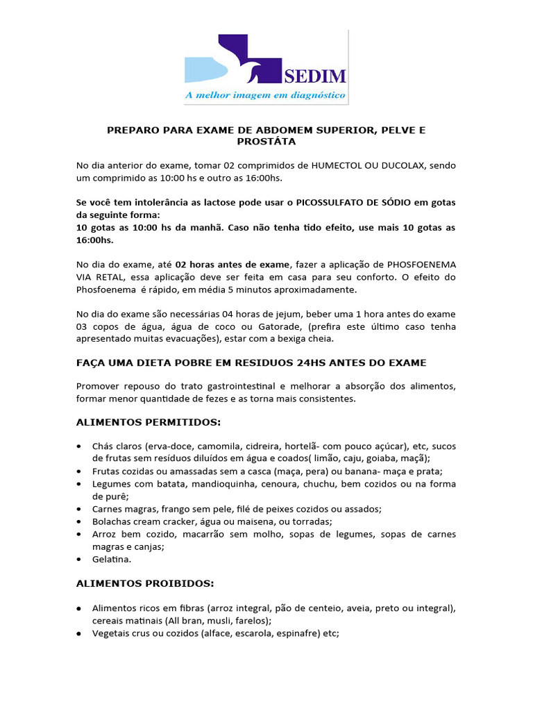 Preparação para Exame Abdominal e Pélvico | PDF | Leite | Alimentos