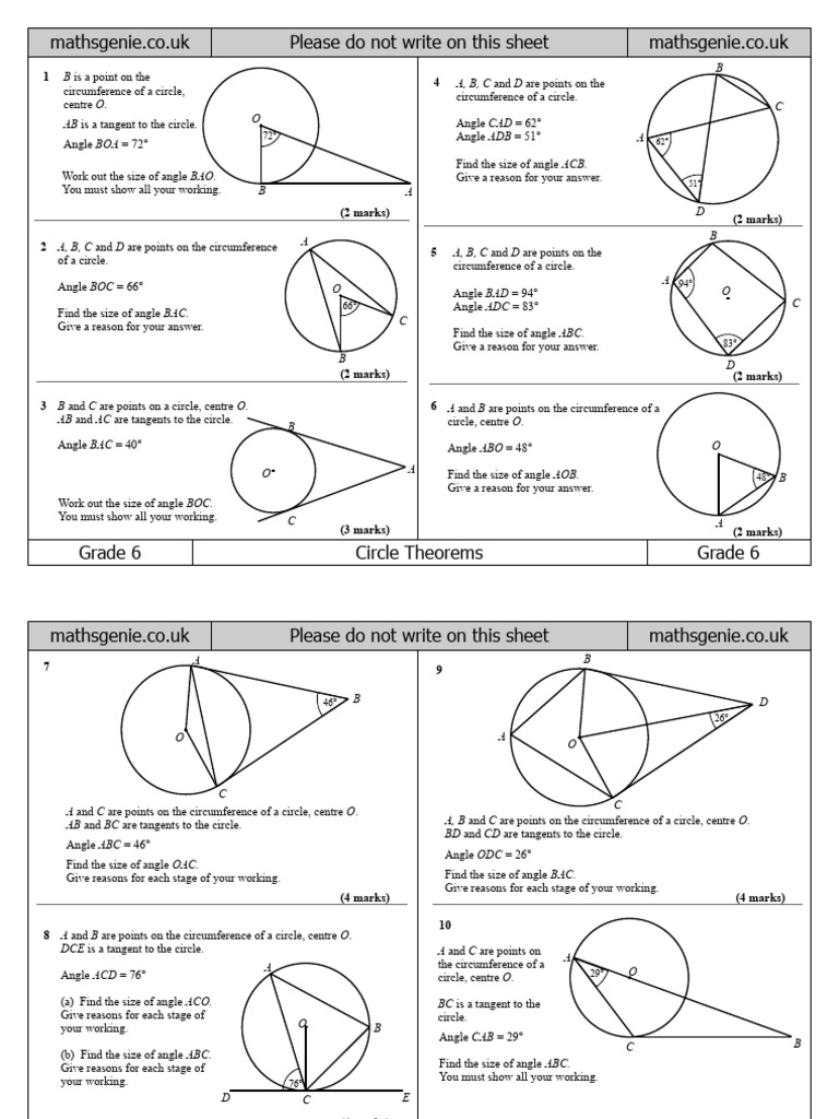 6 Circle Theorems Ws | PDF | Circle | Angle