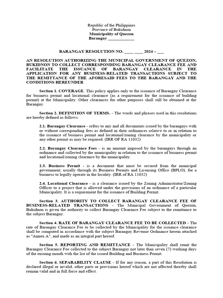 Proposed Barangay Resolution Final | PDF | Zoning | Government