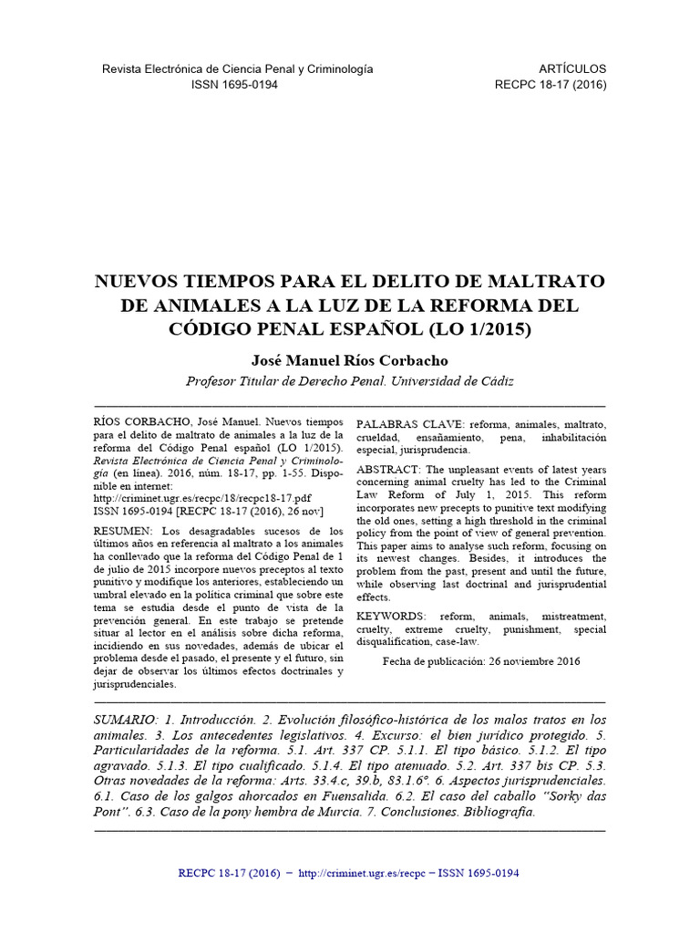 07. Nuevos tiempos para el delito de maltrato de animales a la luz de la reforma del Código ...