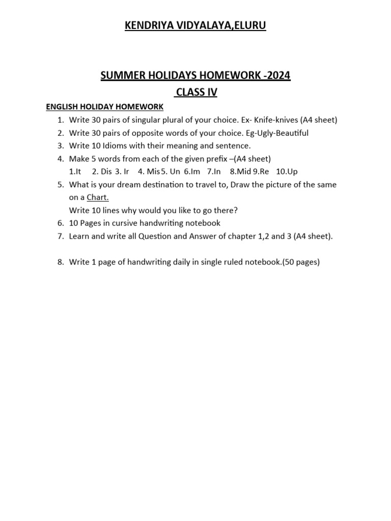 Class IV Summer Vacation Holidays Homework 1 | PDF