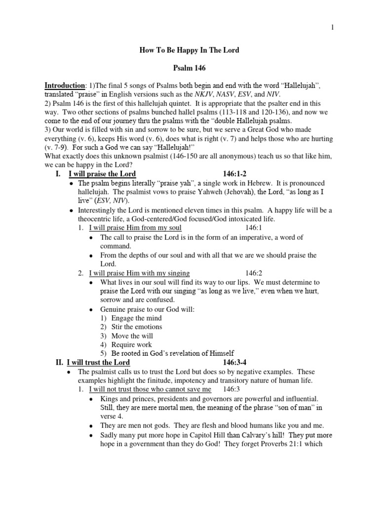 Psalm 146 How To Be Happy in The Lord Outline For Church KH | PDF ...