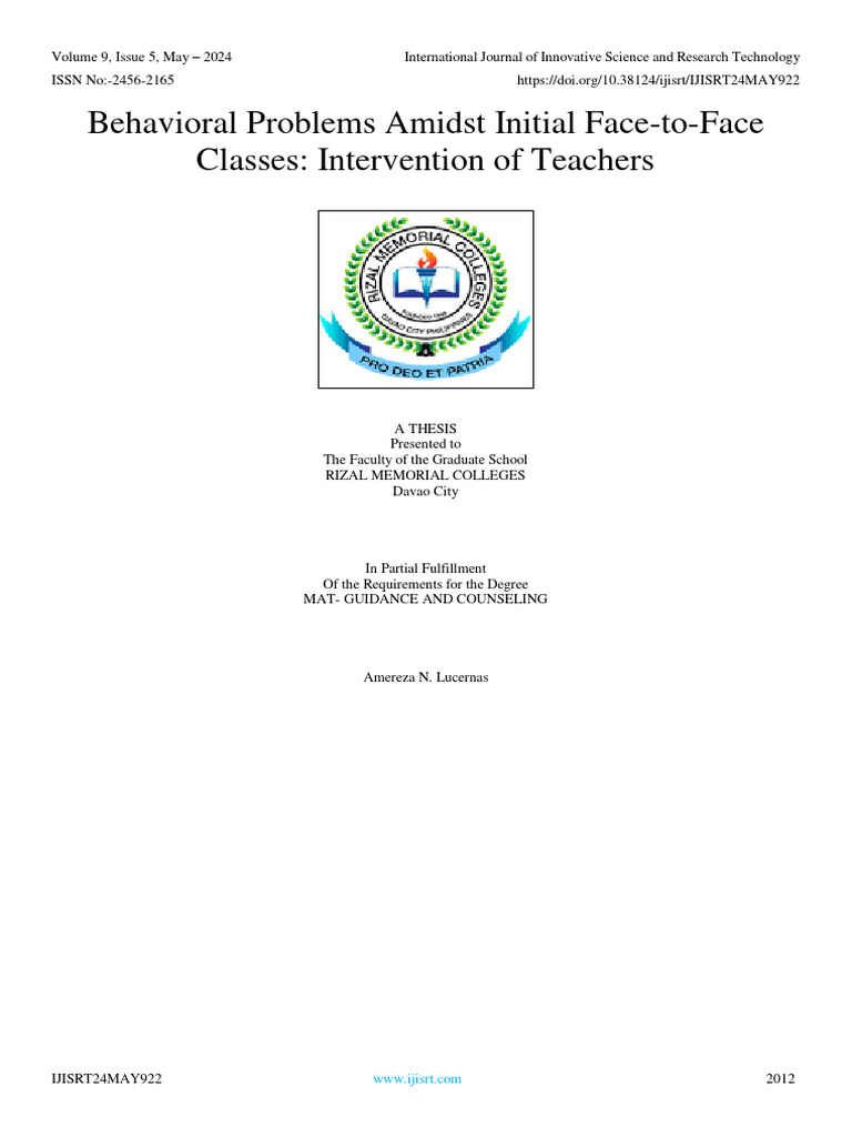 Behavioral Problems Amidst Initial Face-to-Face Classes: Intervention ...