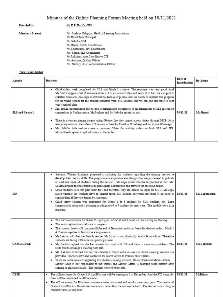 Online Planning Forum Meeting Minutes | PDF