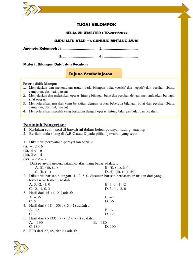 LKPD MTK KLS 7. Bab 1 | PDF