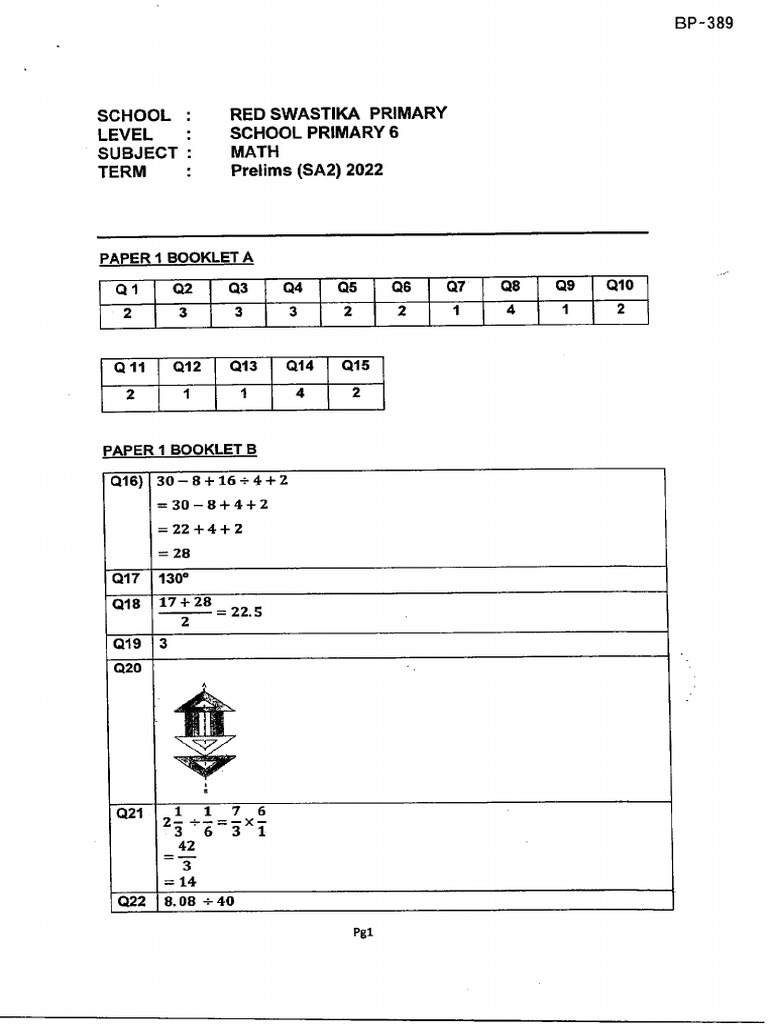 2022 P6 Maths Prelim Red Swastika Answer | PDF