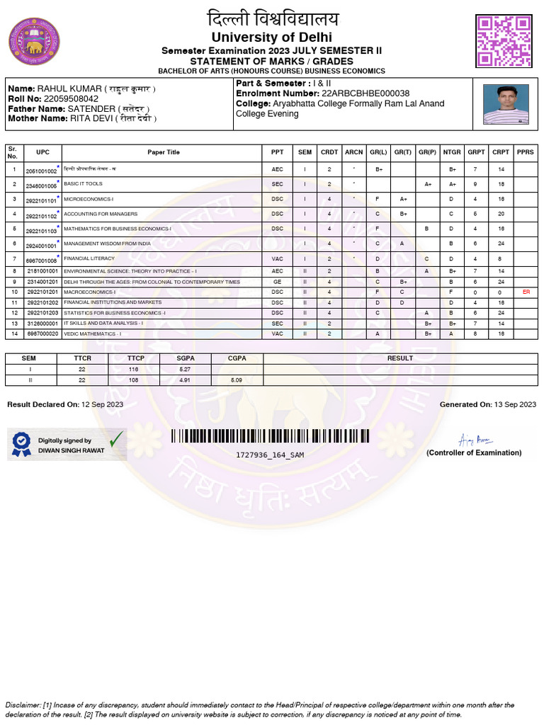 University of Delhi: Semester Examination 2023 JULY SEMESTER II ...