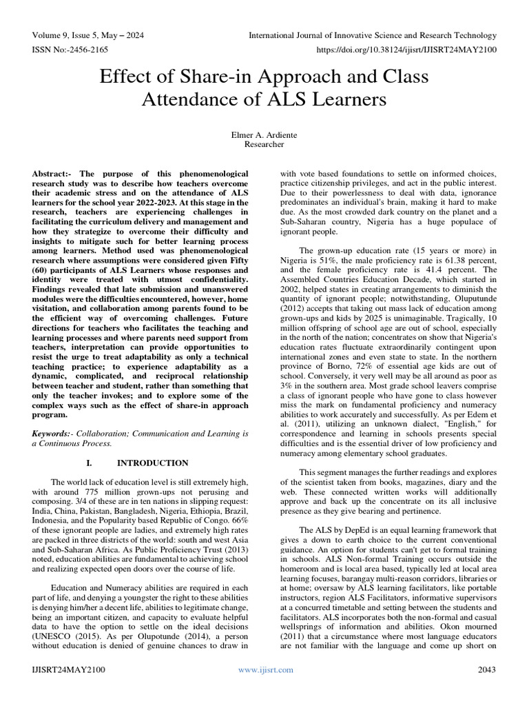 Effect of Share-In Approach and Class Attendance of ALS Learners | PDF | Methodology | Learning