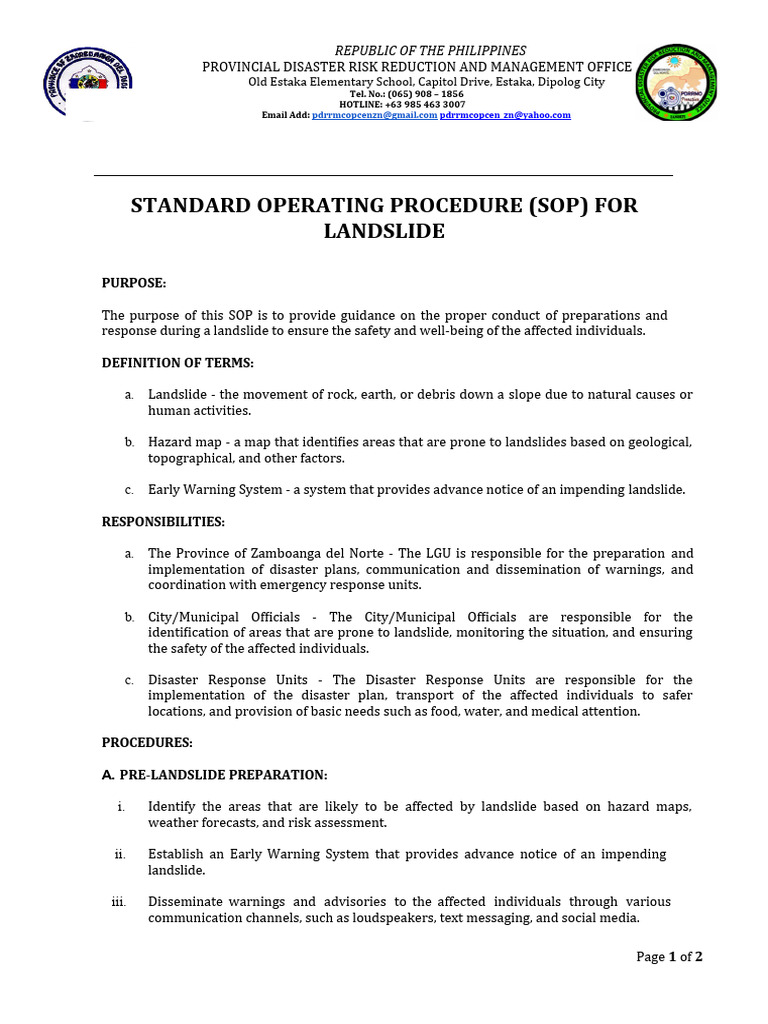 SOP FOR LANDSLIDE | PDF | Landslide | Emergency Management