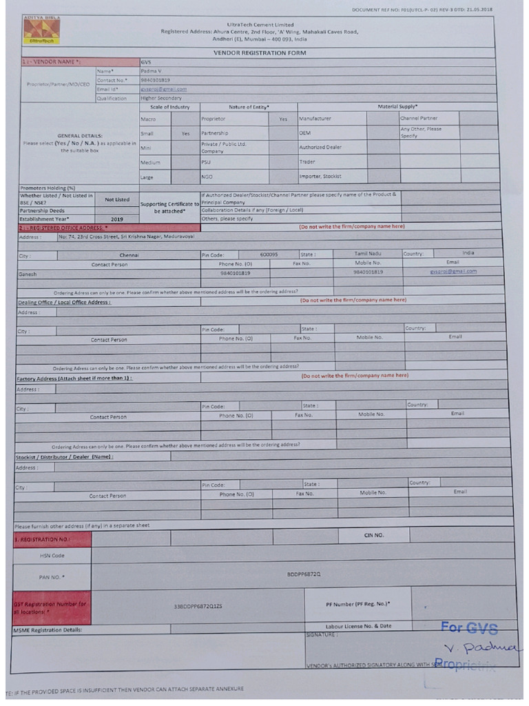 Vendor Registration Ultratech | PDF