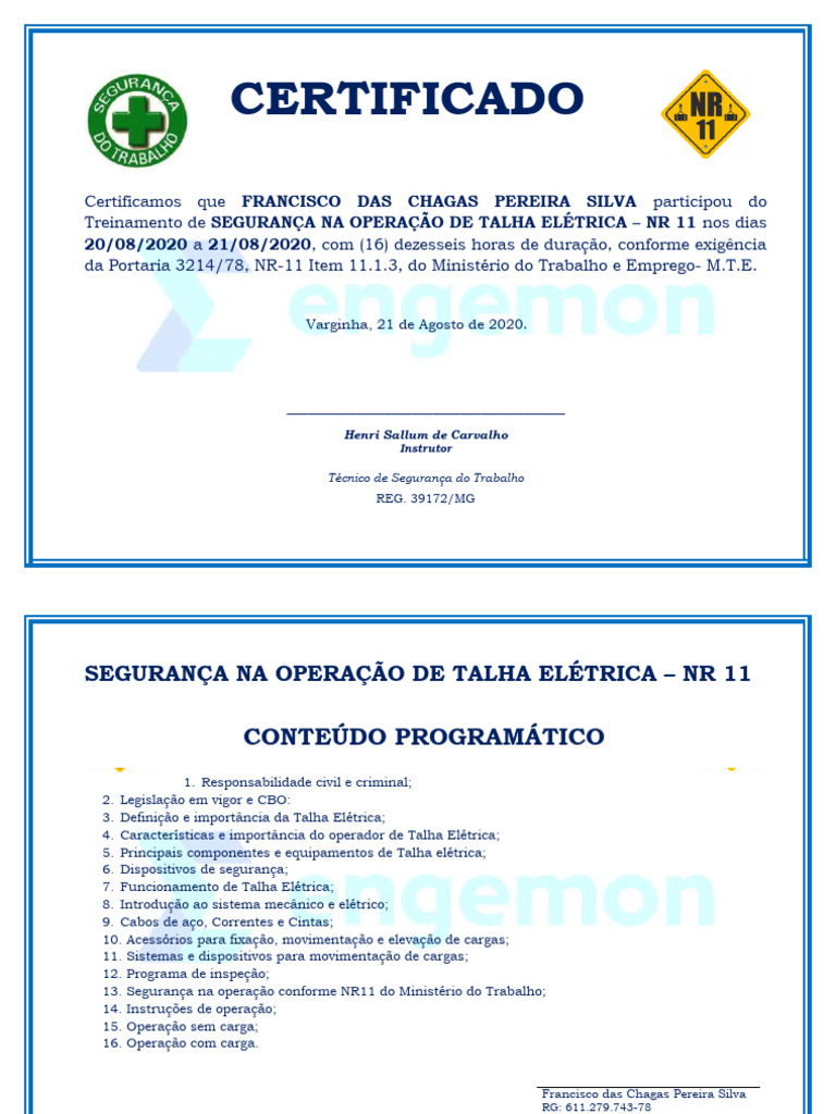 Certificado - NR 11 - Talha Eletrica | PDF