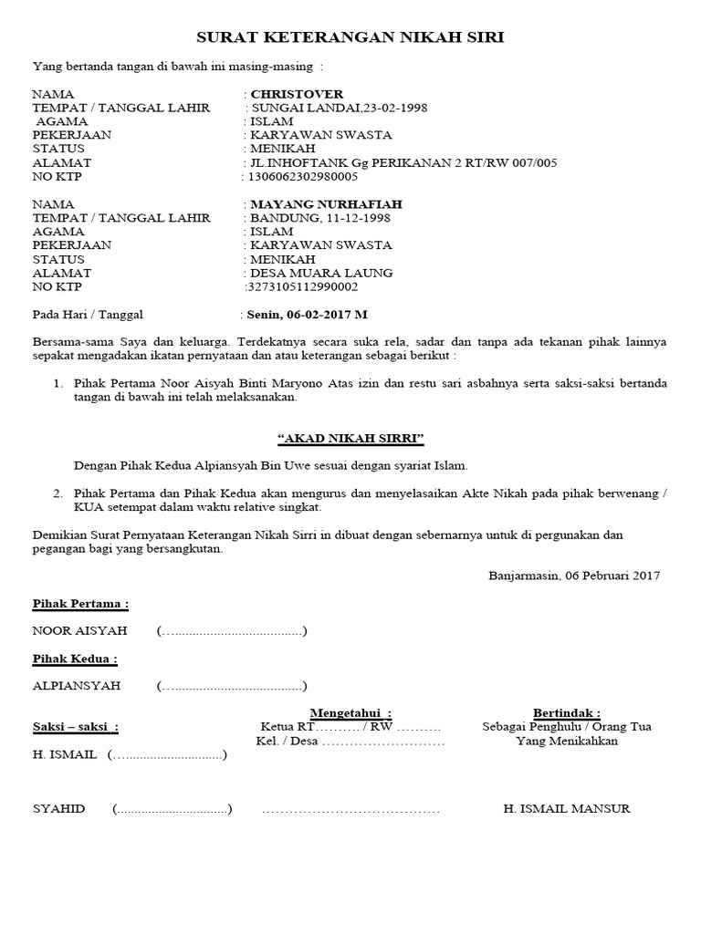 Surat Keterangan Nikah Sirri 2017 | PDF