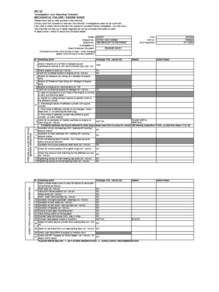 IRC - Checklists - Engine - AP39U9589 | PDF | Vehicle Technology | Machines