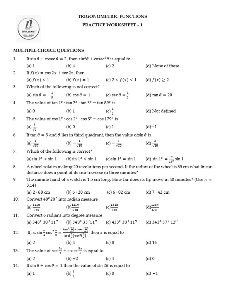 Ch 3 Trigonometry Practice Questions Set 1 Pdf Trigonometric Functions Trigonometry