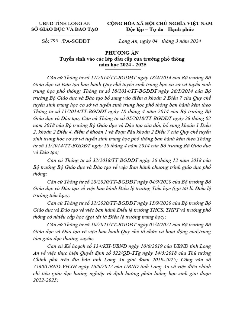 795 - PA-SGDĐT - 04-03-2024 - Phuong An Tuyen Sinh 10CL - 2024-2025 - Final - Signed | PDF