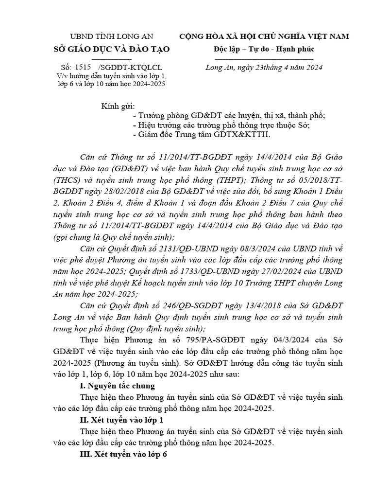 1515 - SGDĐT-KTQLCL - 23!04!2024 - Huong Dan Tuyen Sinh Đầu Cấp 2024-2025.Signed | PDF