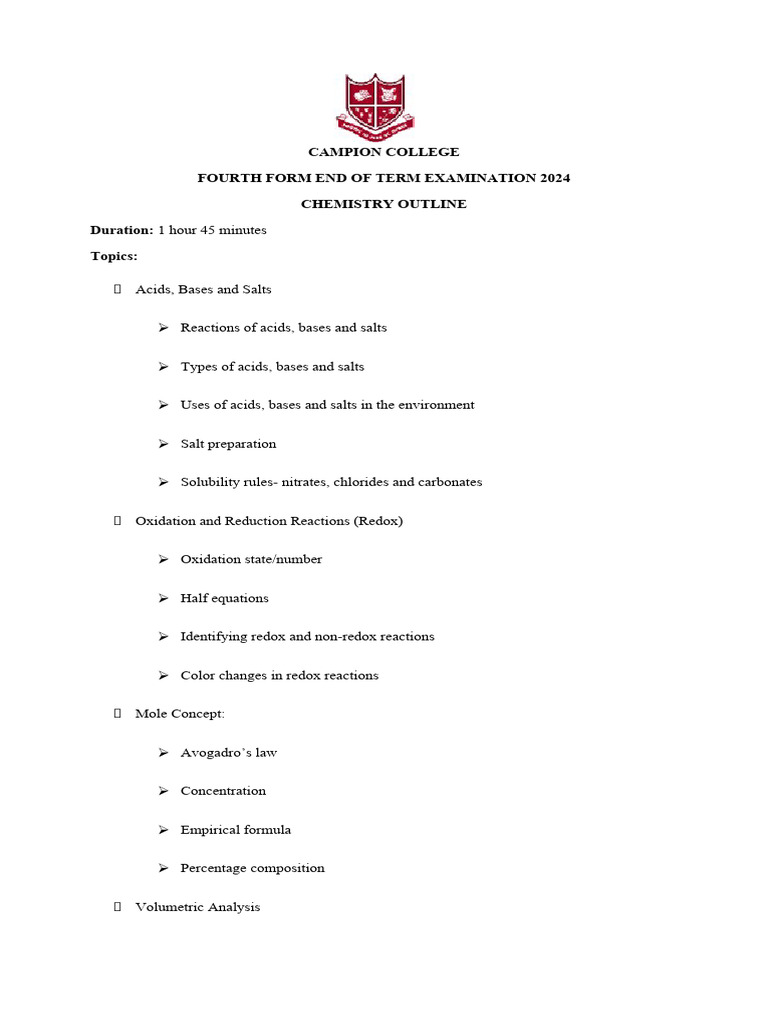 4th Form Chemistry Exam June 2024 - Outline | PDF | Technology ...