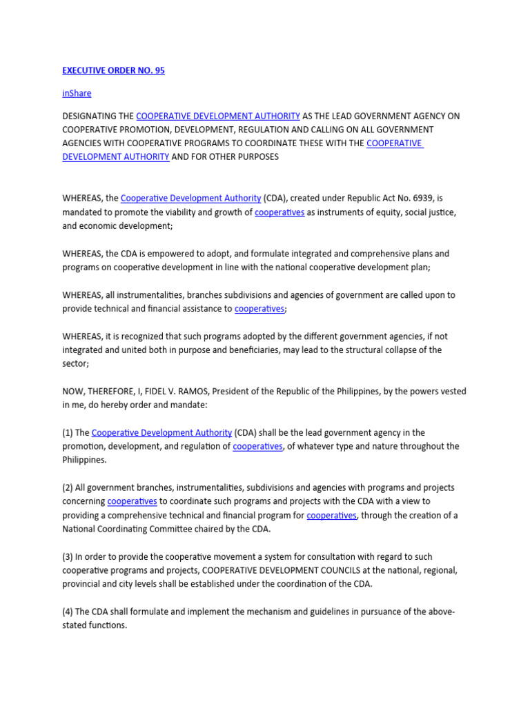 EXECUTIVE ORDER NO 95 Promulgation of CDA | PDF