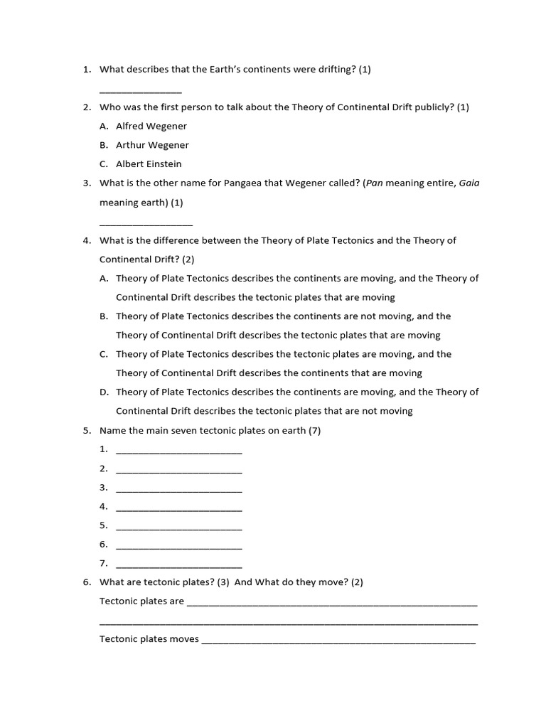 Continental Drift and Plate Tectonics Quiz | PDF | Plate Tectonics ...