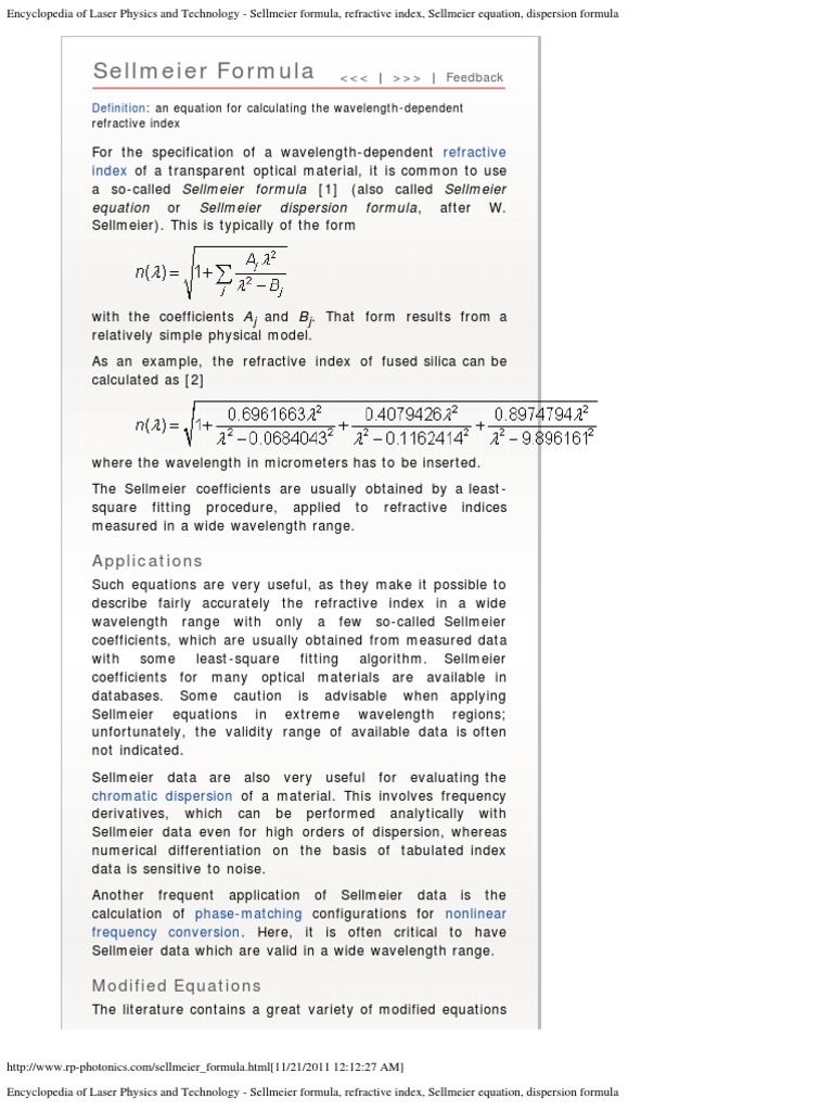 Encyclopeddia of Laser Physics and Technology - Sellmeier Formula, Refractive | PDF | Dispersion ...