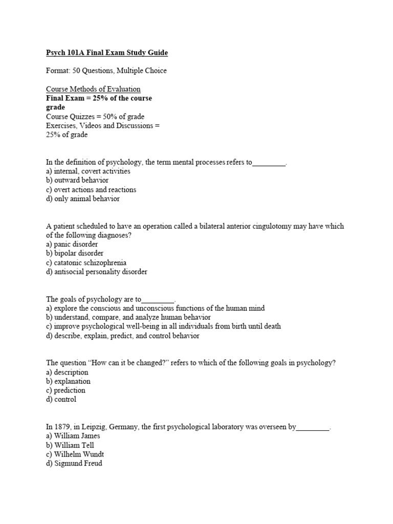 Psych 101A Final Exam Study Guide | PDF | Mental Disorder | Psychology