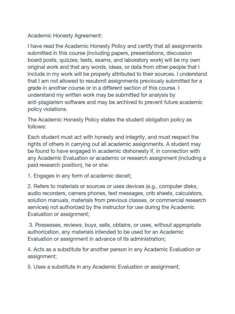 Academic Honesty Agreement | Download Free PDF | Academic Dishonesty