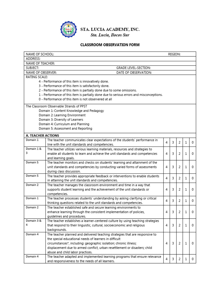 Classroom Observation Form Template | PDF | Teachers | Learning