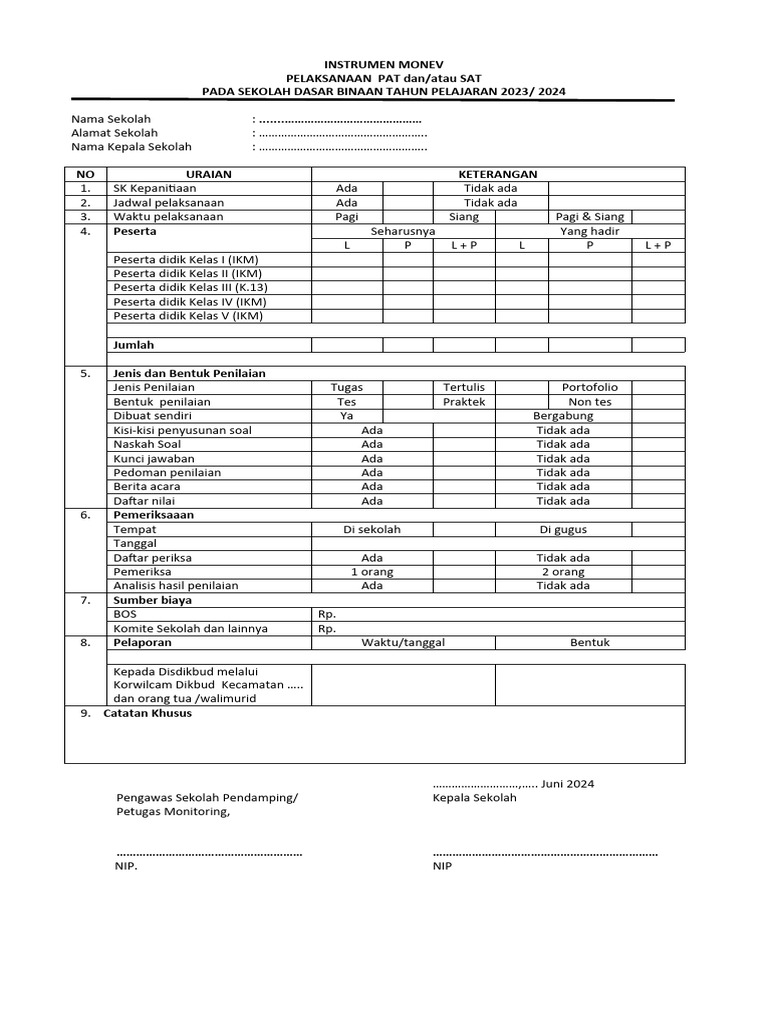 Lembar Monev PTS, Pas, Pat & Ujian | PDF