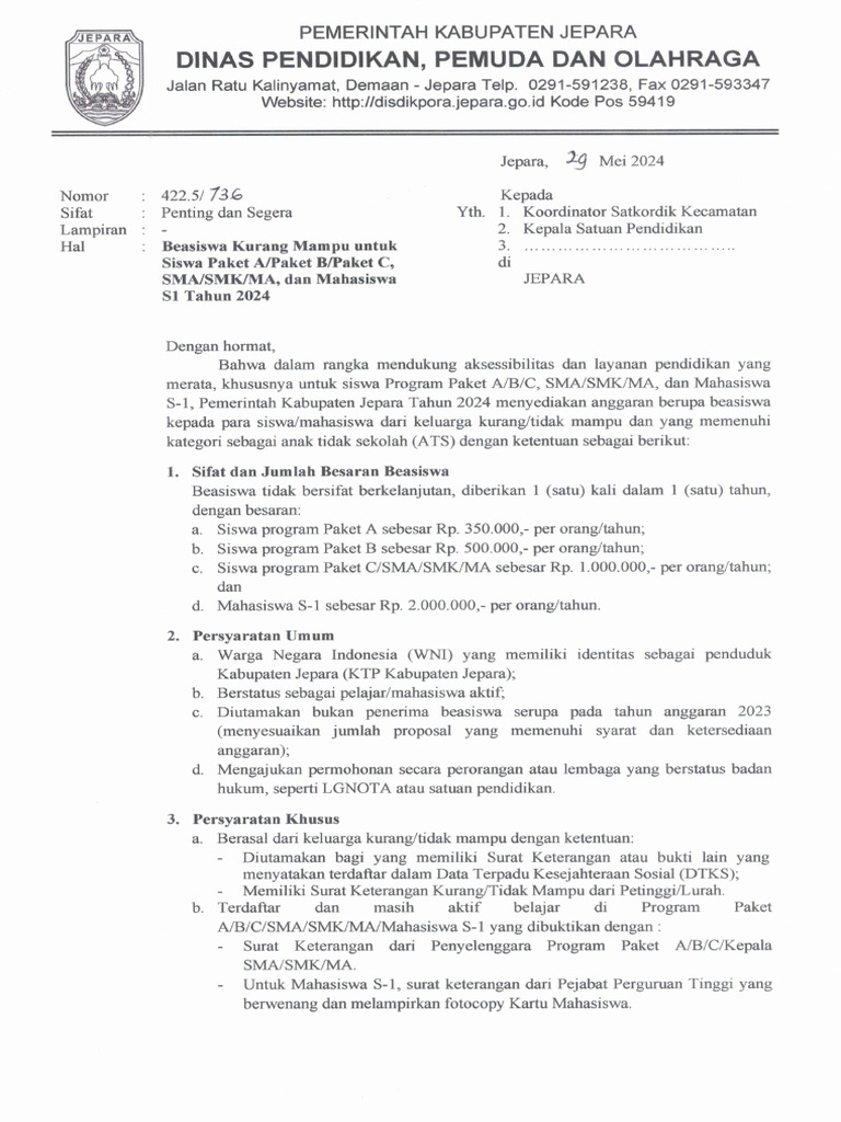 Beasiswa Kurang Mampu - Paket a-B-C, SMA-SMK-MA, Dan Mahasiswa S-1 Tahun 2024 | PDF